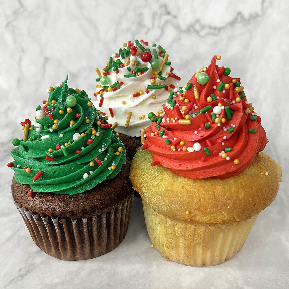 Holiday Cupcakes with Tinted Icing & Pearl Sprinkles - Pastries by Randolph